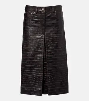 Rabanne Pleated Croc-effect Leather Midi Skirt