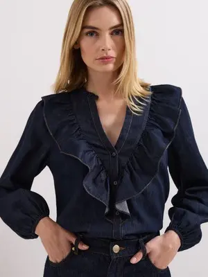 PHASE EIGHT Alexia Denim Ruffle V-neck Blouse - Mid Wash