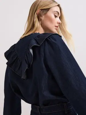 PHASE EIGHT Alexia Denim Ruffle V-neck Blouse
