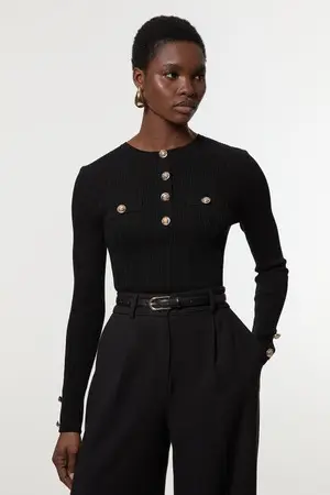 Karen Millen Military Trim Ribbed Knit Long Sleeve Top