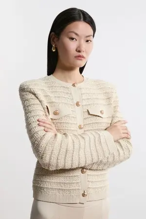 Karen Millen Textured Military Trim Knit Jacket - Cream