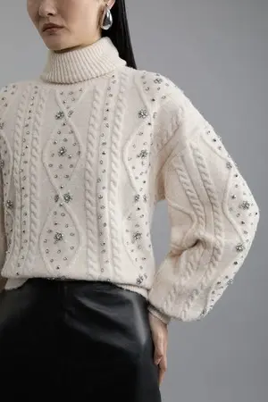 Karen Millen Embellished Cable Knit High Neck Jumper