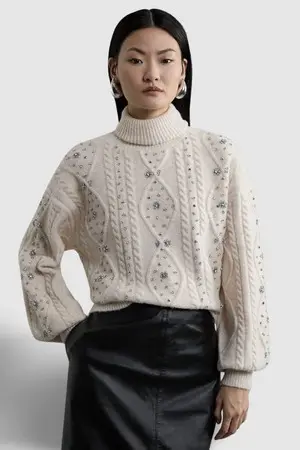 Karen Millen Embellished Cable Knit High Neck Jumper - Cream
