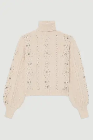 Karen Millen Embellished Cable Knit High Neck Jumper