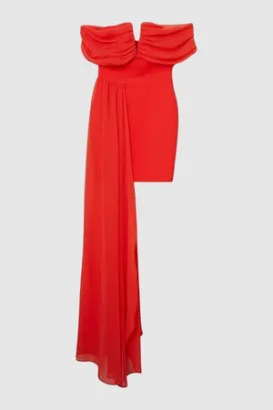 Karen Millen Figure Form Bandage Knit Bardot Dress With Draped Overlay - Red