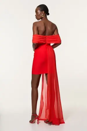Karen Millen Figure Form Bandage Knit Bardot Dress With Draped Overlay - Red