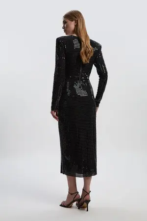 Karen Millen Long Sleeve Plunge Neck Midi Dress