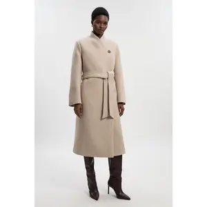Karen Millen Wool Wrap Neck Tailored Belted Midi Coat - Oatmeal