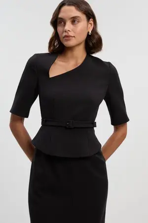 Karen Millen Asymmetric Neck Belted Pencil Midi Dress