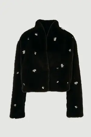 Karen Millen Crystal Embellished Faux Fur Short Coat