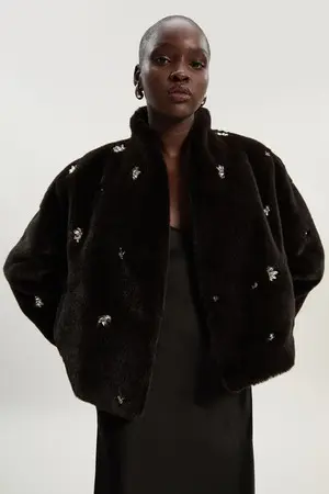 Karen Millen Crystal Embellished Faux Fur Short Coat