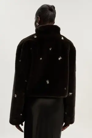 Karen Millen Crystal Embellished Faux Fur Short Coat
