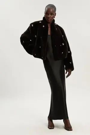 Karen Millen Crystal Embellished Faux Fur Cropped Coat - Chocolate