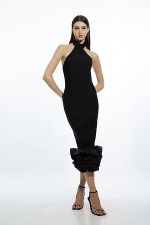 Karen Millen Ruffle Hem Halter Knit Midi Dress - Black