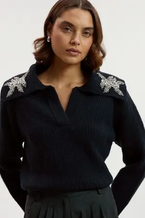 Karen Millen Embellished Collar V-neck Knit Sweater - Navy