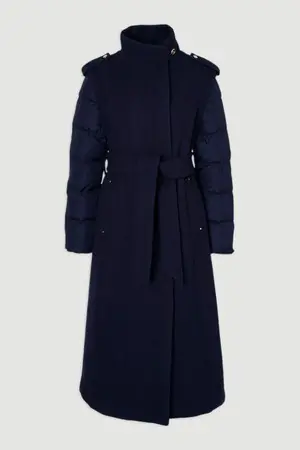 Karen Millen Wool High Neck Puffer Belted Midi Coat