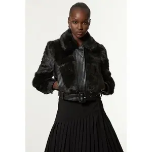 Karen Millen Faux Fur Pu Panel Belted Cropped Jacket - Black
