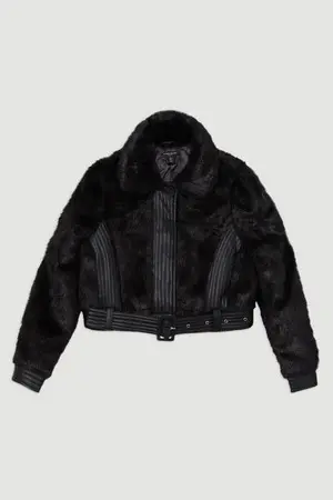 Karen Millen Faux Fur Pu Panel Belted Cropped Jacket - Black