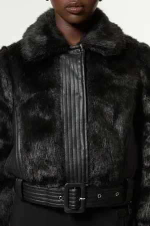 Karen Millen Faux Fur Pu Panel Belted Cropped Jacket - Black