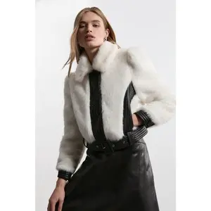 Karen Millen Faux Fur Pu Panel Belted Cropped Jacket - Ivory