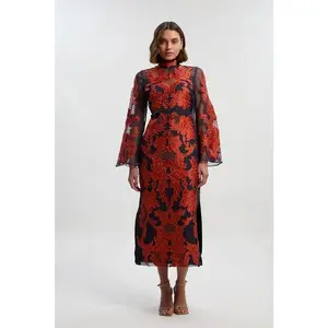 Karen Millen High Neck Embroidered Midi Dress