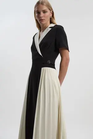 Karen Millen Tailored Crepe Pleated Midi Shirt Dress