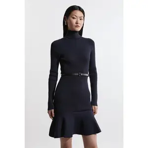 Karen Millen Roll Neck Belted Mini Dress - Navy