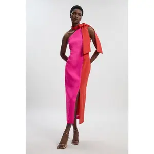 Karen Millen Tie-neck Color Block Midi Dress - Pink