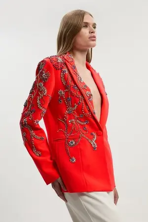 Karen Millen Embellished Single Breasted Blazer - Red