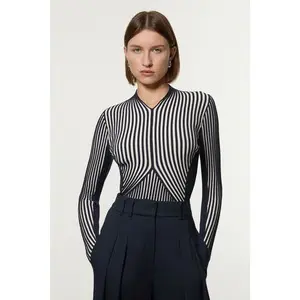 Karen Millen Striped Fitted Long Sleeve Knitted Top - Navy