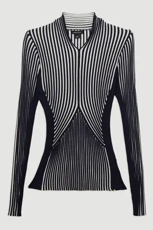 Karen Millen Striped Fitted Long Sleeve Knitted Top