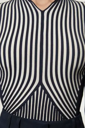 Karen Millen Striped Fitted Long Sleeve Knitted Top