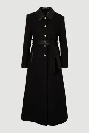 Karen Millen Wool Blend Maxi Coat With Pu Details