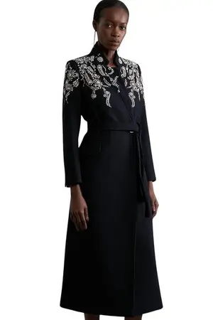 Karen Millen Tailored Wool Double Breasted Embellished Midi Coat - Black