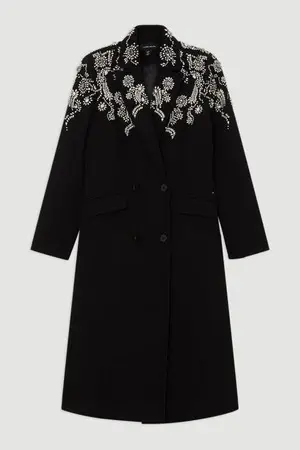 Karen Millen Tailored Wool Double Breasted Embellished Midi Coat