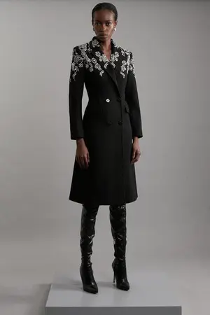 Karen Millen Tailored Wool Double Breasted Embellished Midi Coat