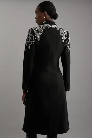Karen Millen Tailored Wool Double Breasted Embellished Midi Coat