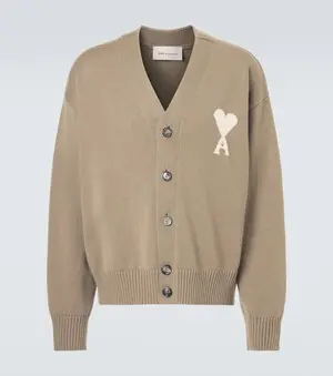 AMI Paris De Coeur Wool And Cotton Cardigan - Beige