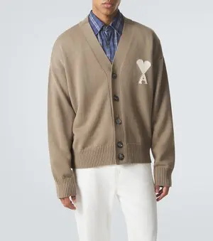 AMI Paris De Coeur Wool And Cotton Cardigan - Beige