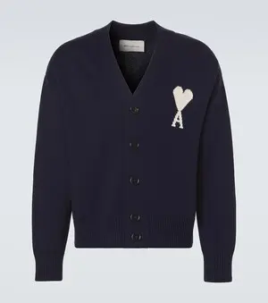 AMI Paris De Coeur Wool And Cotton Cardigan - Blue