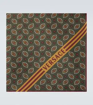 Versace Logo Printed Silk Pocket Square - Green