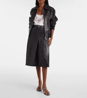 Rabanne Pleated Croc-effect Leather Midi Skirt