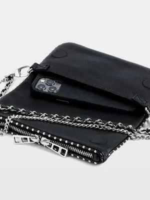 Zadig&Voltaire Rock Mini Studded Leather Clutch With Chain Straps - Black