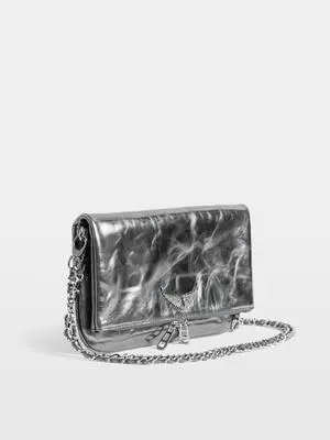 Zadig&Voltaire Rock Metallic Leather Clutch With Rhinestone Wings - Gun