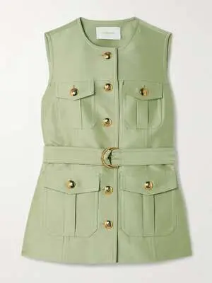 Zimmermann Luna Belted Wool And Silk-blend Vest - Green