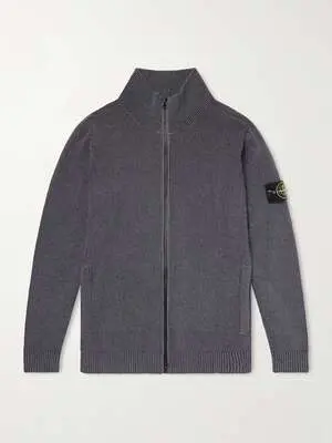 Stone Island Logo-appliquéd Ribbed Cotton-blend Zip-up Cardigan - Gray