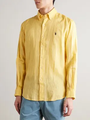 Polo Ralph Lauren Button-down Collar Logo-embroidered Linen Shirt - Yellow