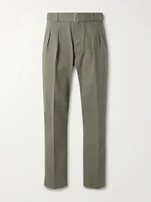 Officine Générale Evans Wide-leg Belted Pleated Organic Cotton-twill Chinos - Green