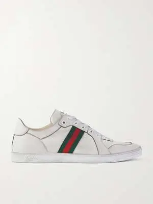 Gucci Distressed Webbing-trimmed Leather Sneakers - White