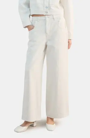 Mango Embroidered High Waist Wide Leg Jeans - Off White